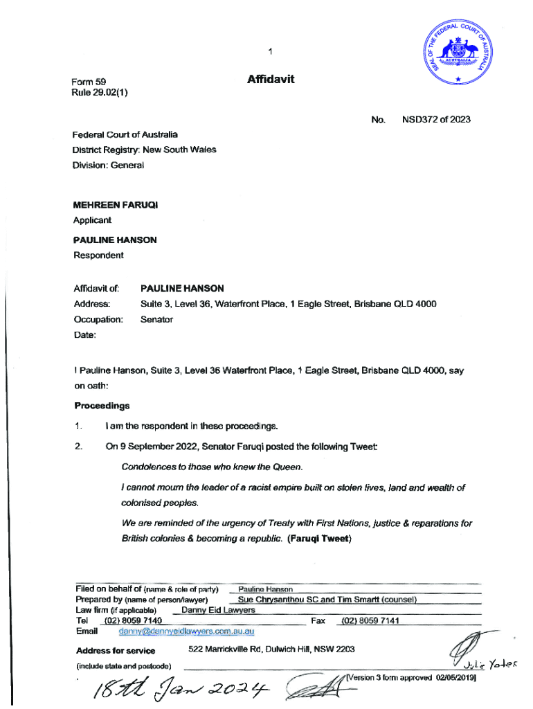 Fillable Online Affidavit of Pauline Hanson Fax Email Print - pdfFiller