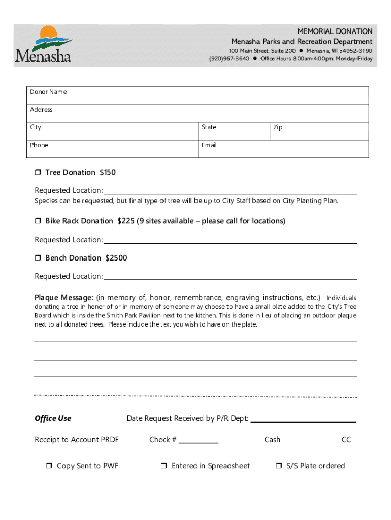 Fillable Online Memorial Donation for Parks and Recreation Fax Email ...