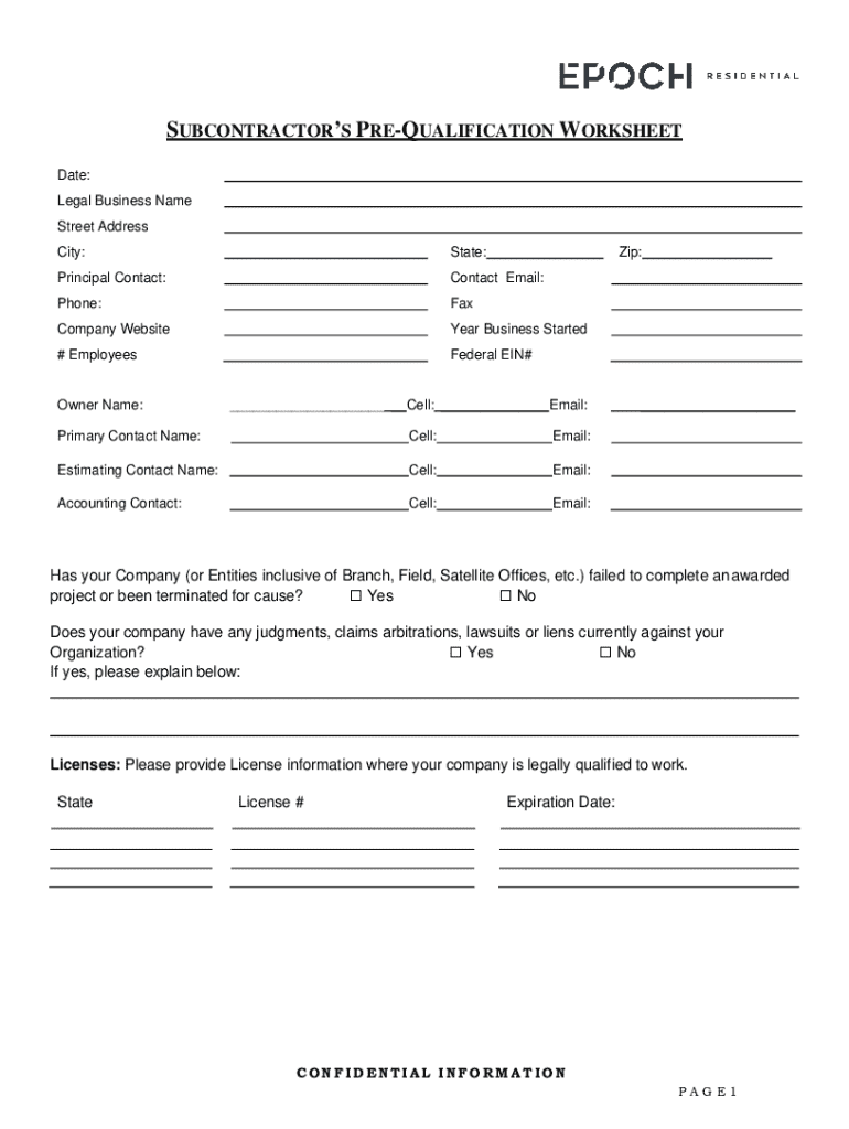 Fillable Online Subcontractor's Pre-qualification Worksheet Fax Email Print - pdfFiller