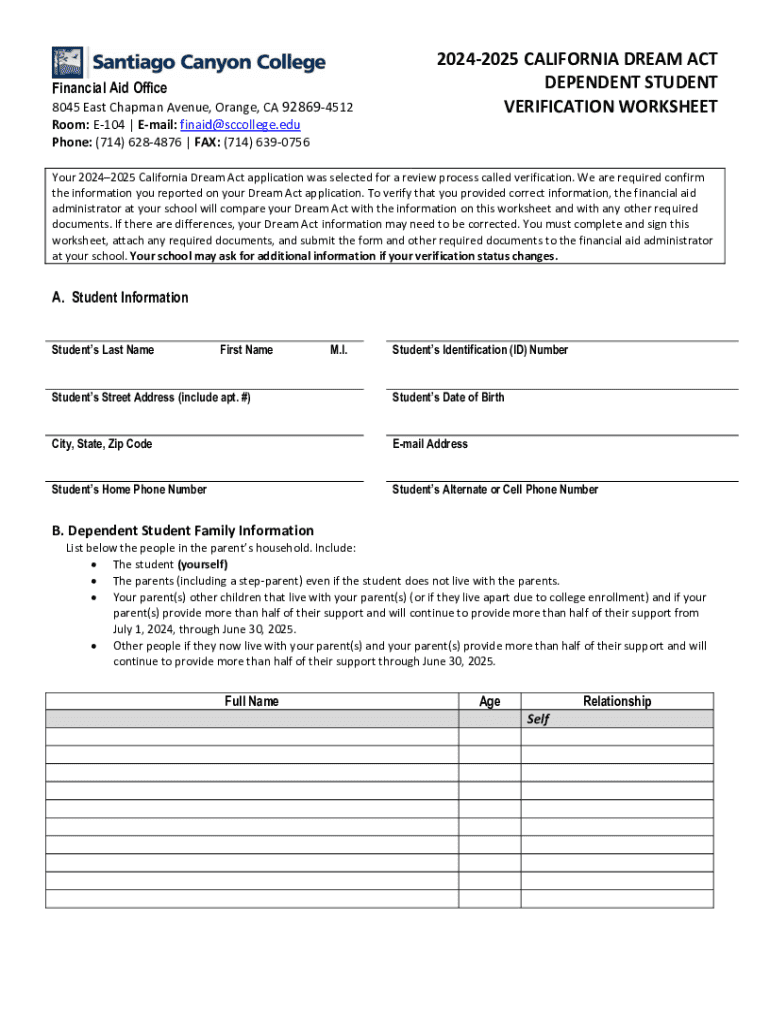 Fillable Online Dependent Student Verification Worksheet Fax Email ...