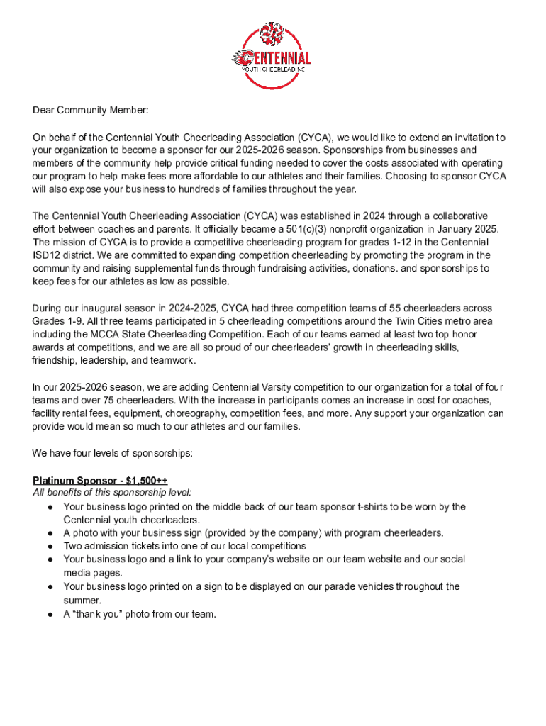 Fillable Online Centennial Youth Cheerleading Sponsorship Invitation Fax Email Print - pdfFiller