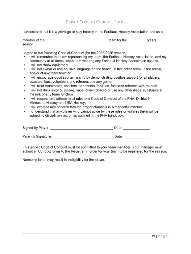 Fillable Online Player Code of Conduct Fax Email Print - pdfFiller