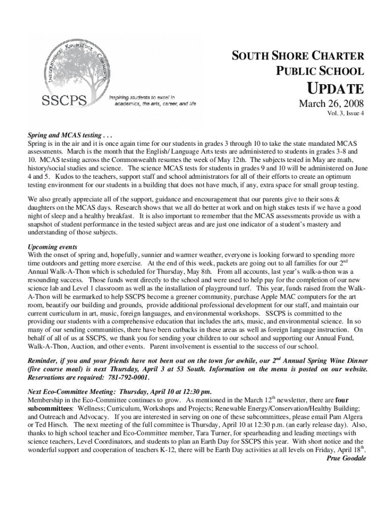Fillable Online South Shore Charter Public School Update March 26, 2008 ...