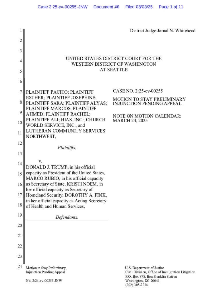 Fillable Online Motion to Stay Preliminary Injunction Pending Appeal Fax Email Print - pdfFiller