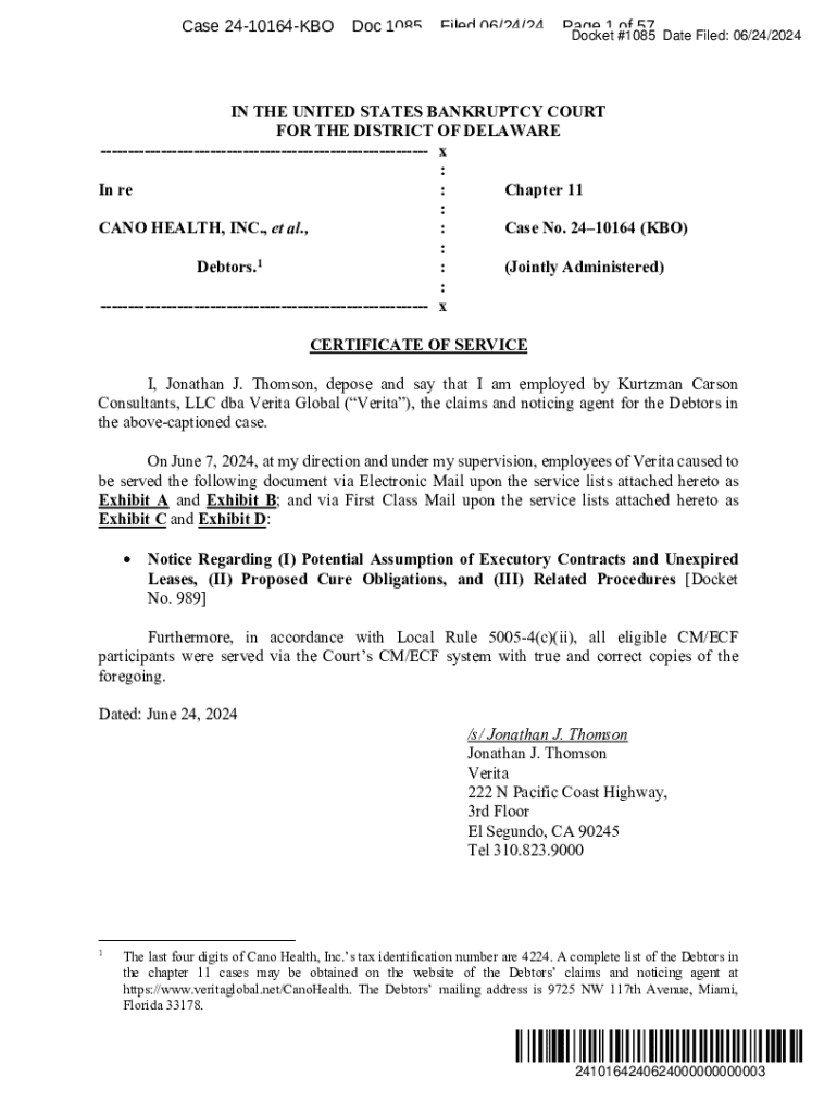 Fillable Online Certificate of Service in Bankruptcy Case 24-10164-kbo ...