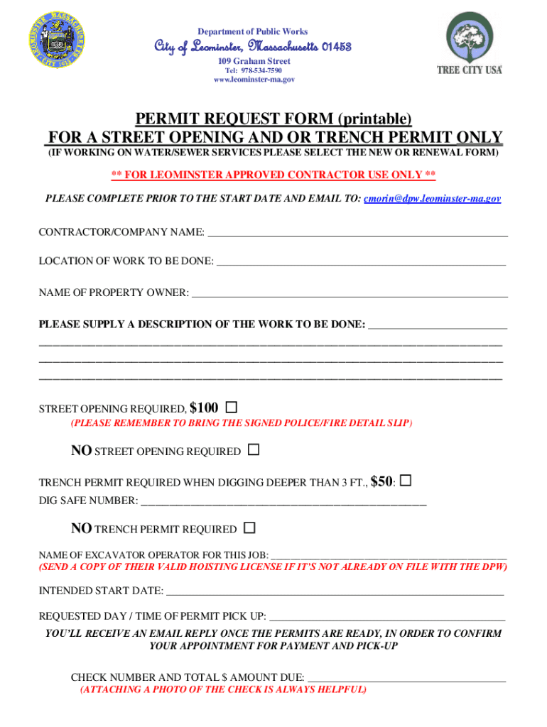 Fillable Online Street Opening and Trench Permit Request Fax Email ...