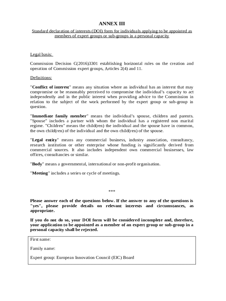 Standard Declaration of Interests (doi) Doc Template | pdfFiller