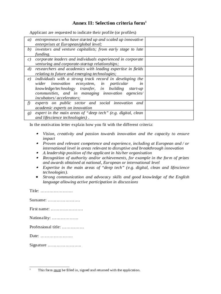 Selection Criteria Doc Template | pdfFiller