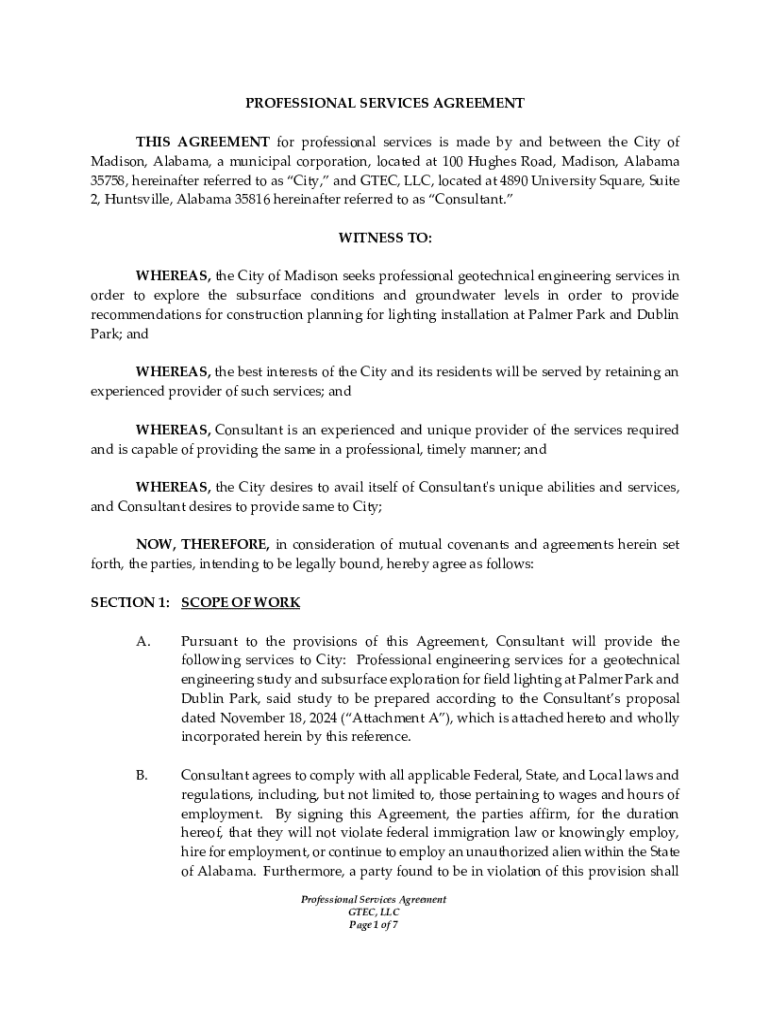 Fillable Online Professional Services Agreement Between City of Madison ...
