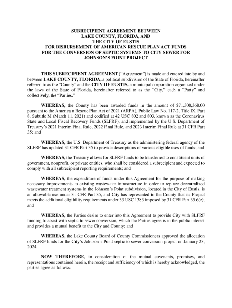 Fillable Online Subrecipient Agreement Between Lake County, Florida ...