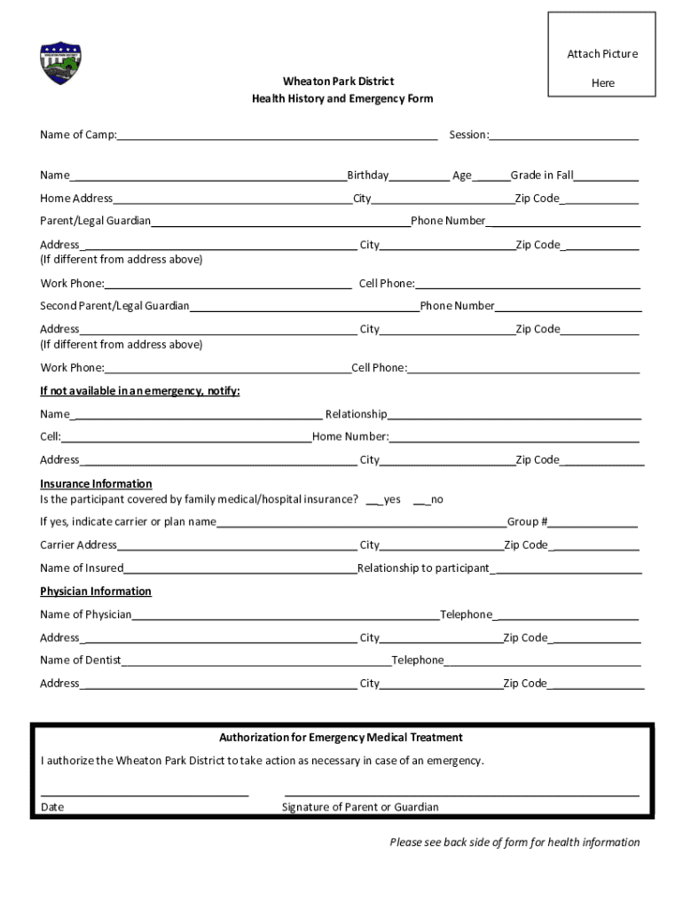 Fillable Online Wheaton Park District Health History and Emergency Form ...
