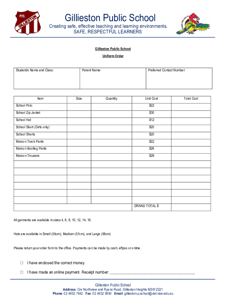 Fillable Online Gillieston Public School Uniform Order Fax Email Print ...