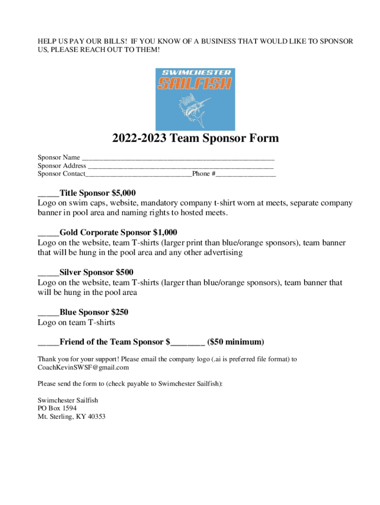Fillable Online Team Sponsorship Opportunities Fax Email Print - pdfFiller