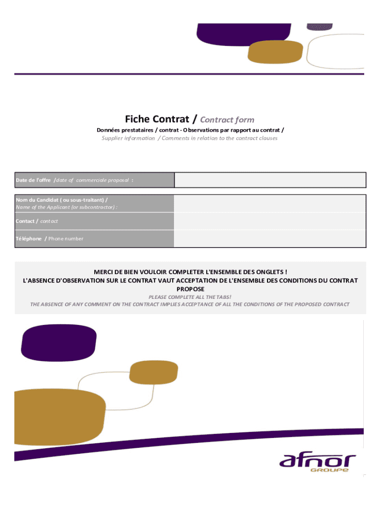 Fillable Online Fiche Contrat | Données Prestataire / Contract Form ...