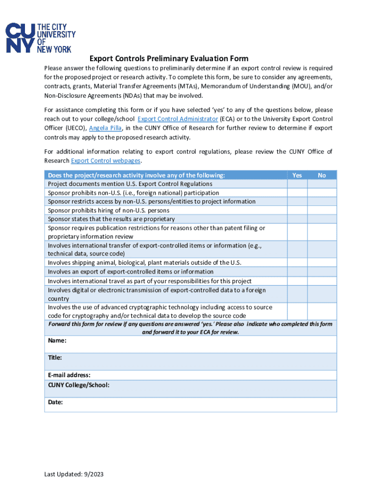 Fillable Online Export Controls Preliminary Evaluation Form Fax Email Print - pdfFiller