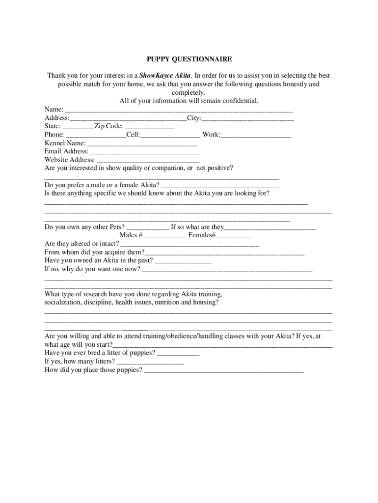 Fillable Online Puppy Questionnaire for Showkayce Akita Fax Email Print ...
