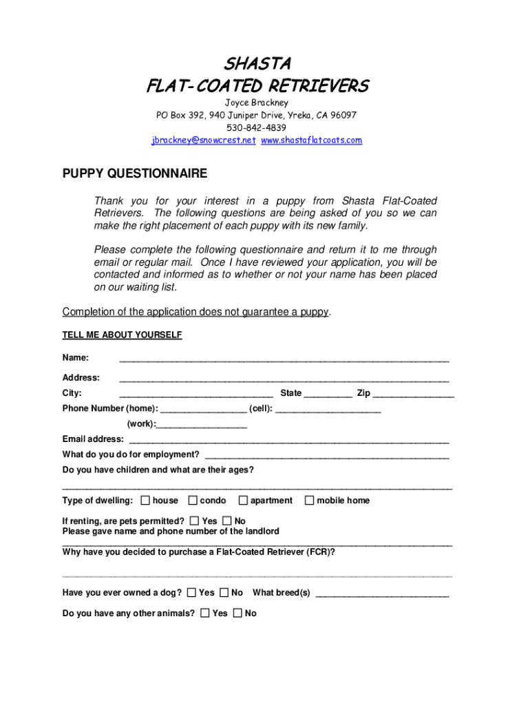 Fillable Online Shasta Flat-coated Retrievers - Puppy Questionnaire Fax ...