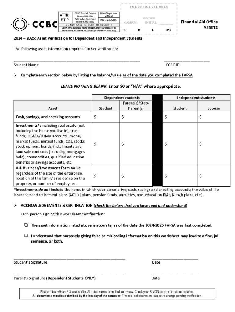Fillable Online Asset Verification for Dependent and Independent ...