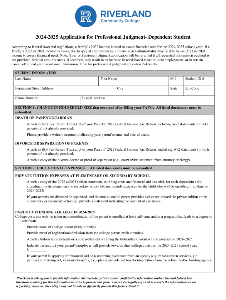 Fillable Online 2024-2025 Application for Professional Judgment Fax Email Print - pdfFiller