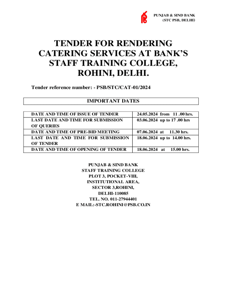 Fillable Online Tender for Rendering Catering Services at Bank’s Staff ...
