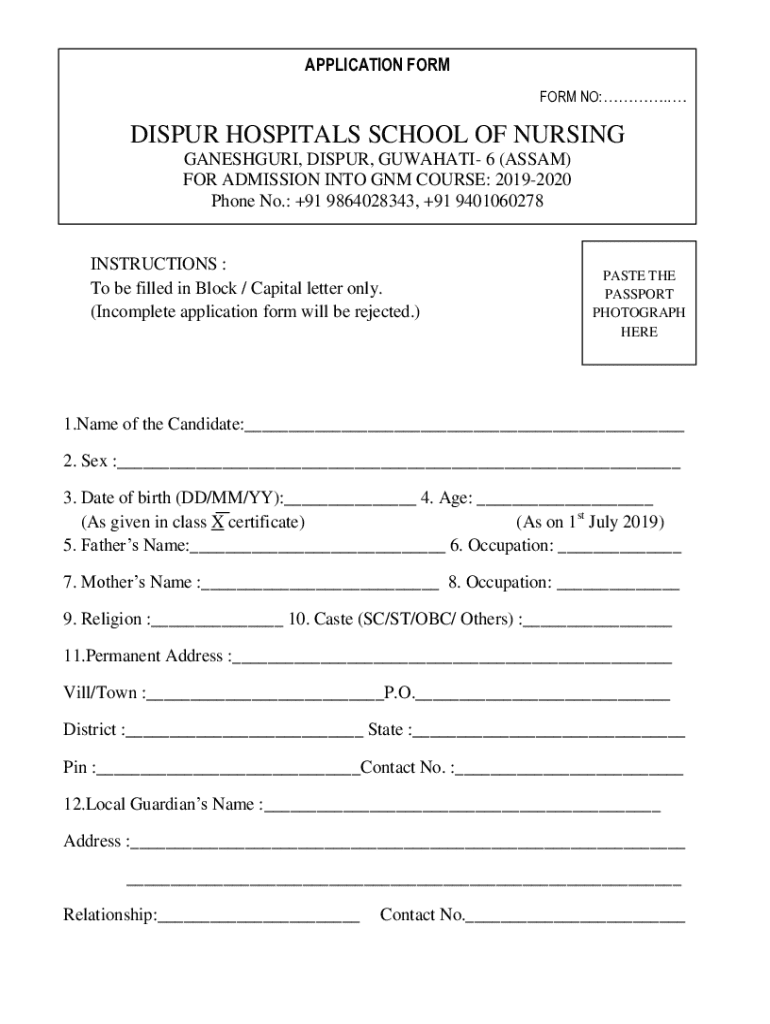 Fillable Online Application for Admission Into Gnm Course: 2019-2020 ...