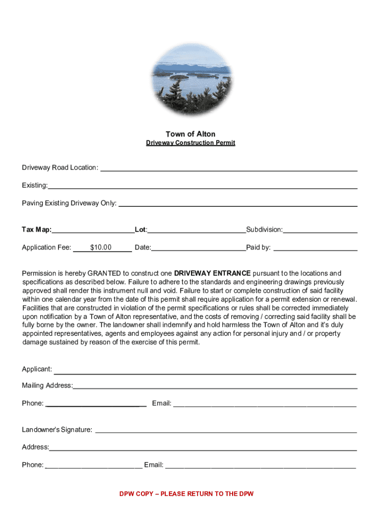 Fillable Online Town of Alton Driveway Construction Permit Fax Email ...