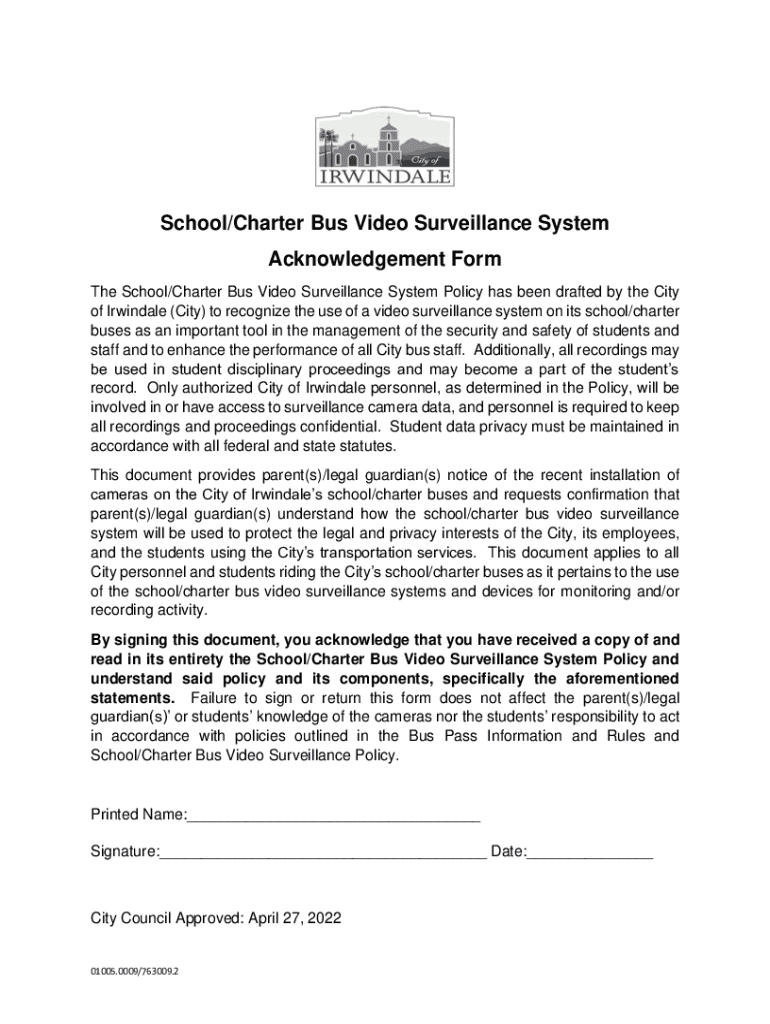 Fillable Online School/charter Bus Video Surveillance System Policy ...