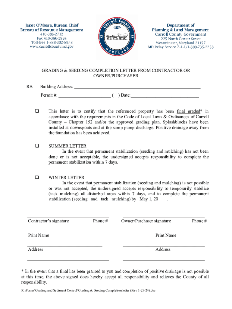 Fillable Online Grading & Seeding Completion Letter From Contractor or ...