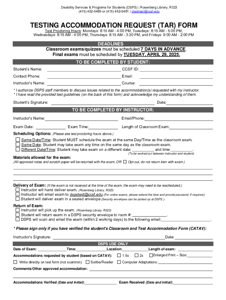 Fillable Online Disability Services & Programs for Students (dsps) | Rosenberg Library, R323 Fax ...