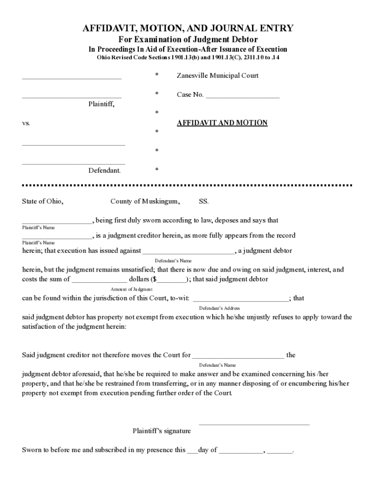 Fillable Online Affidavit, Motion, and Journal Entry for Examination of ...