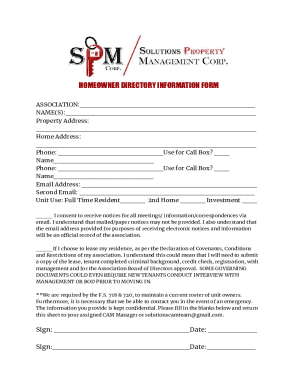 Fillable Online Homeowner Directory Information Fax Email Print - pdfFiller