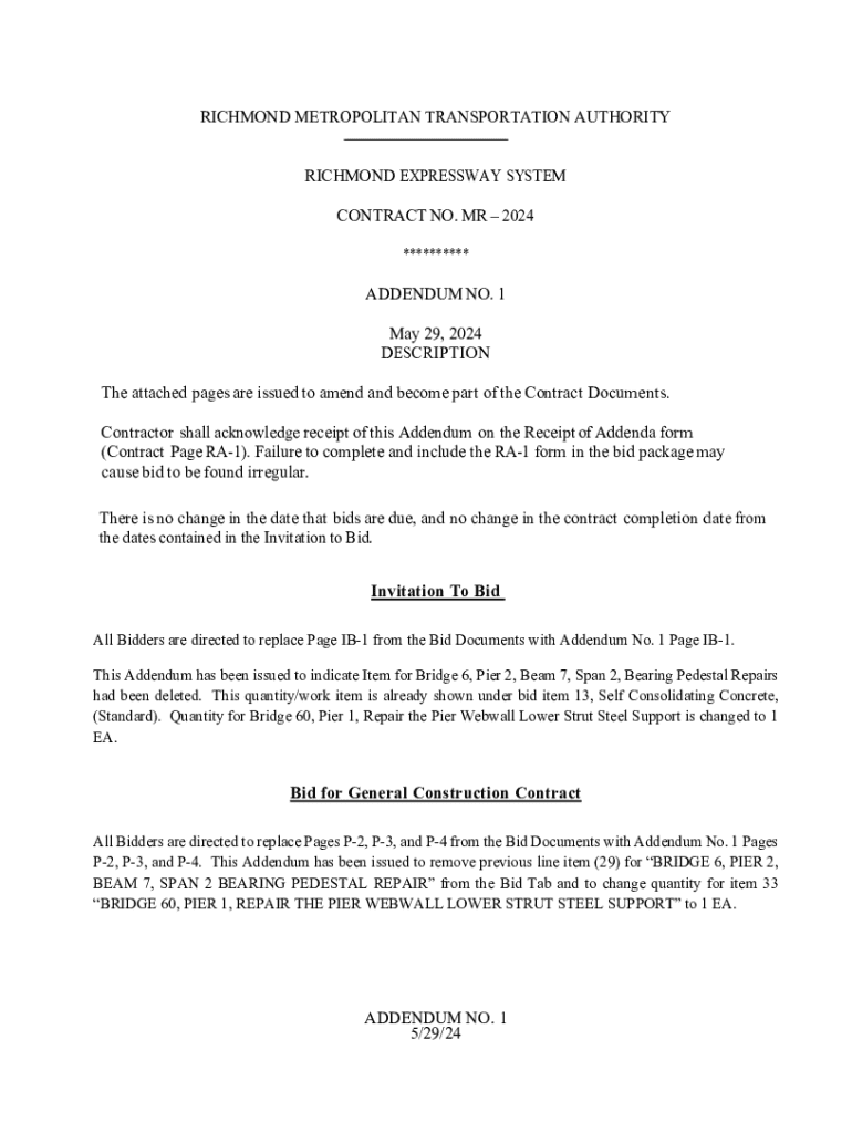 Fillable Online Addendum No. 1 for Richmond Expressway System Contract Mr - 2024 Fax Email Print ...