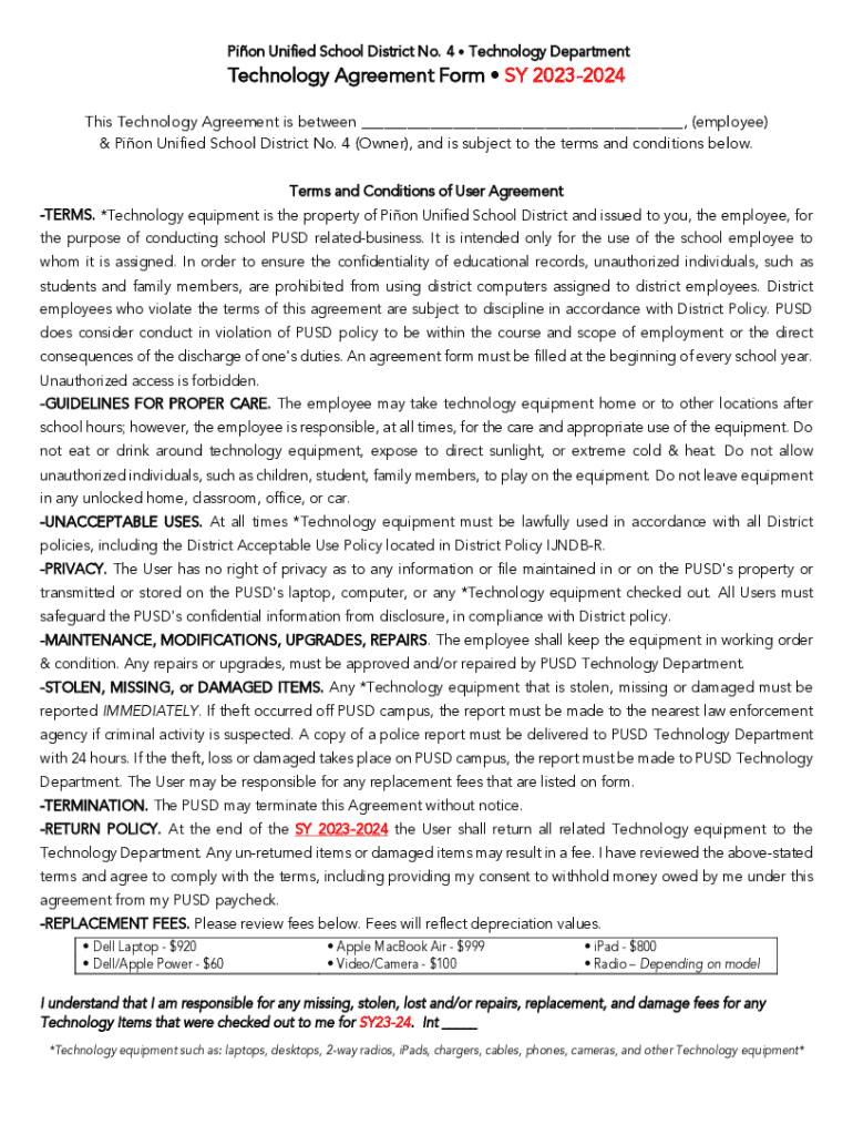 Fillable Online Technology Agreement Form • Sy 2023-2024 Fax Email ...