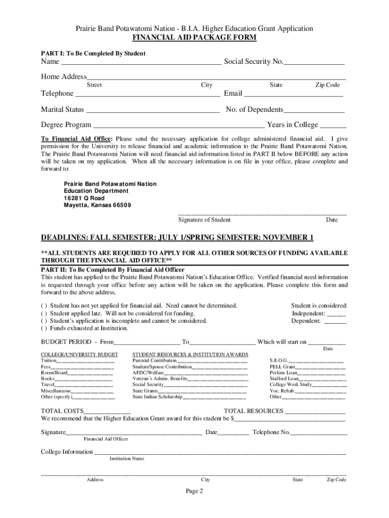 Fillable Online Prairie Band Potawatomi Nation - B.i.a. Higher ...