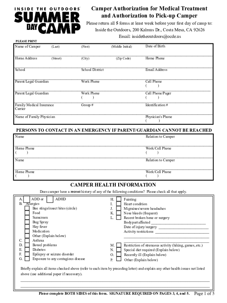 Fillable Online Camper Authorization for Medical Treatment Fax Email ...