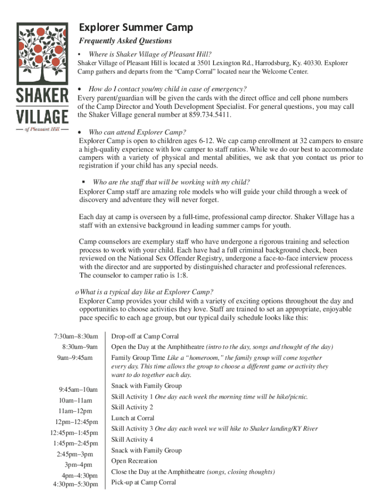 Fillable Online Explorer Summer Camp Frequently Asked Questions Fax Email Print - pdfFiller