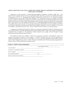 Fillable Online Application for Value Stack Tariff or Standby Service and/or Buy-back Service ...