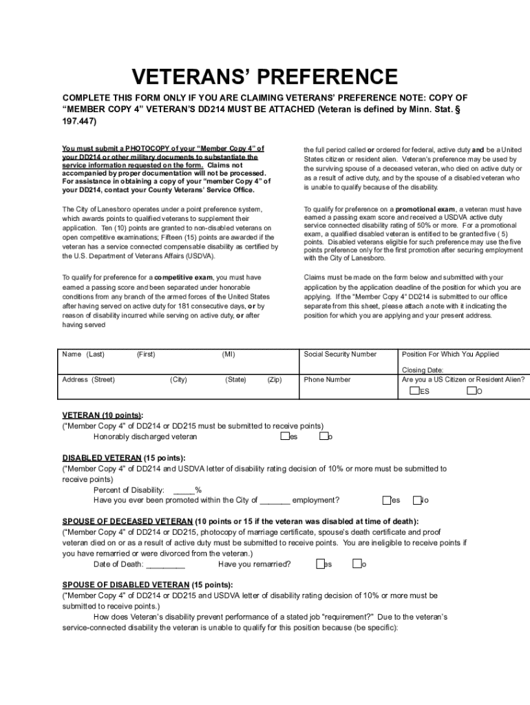 Fillable Online Veterans' Preference Application Fax Email Print ...