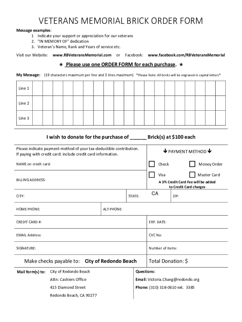 Fillable Online Veterans Memorial Brick Order Fax Email Print - pdfFiller