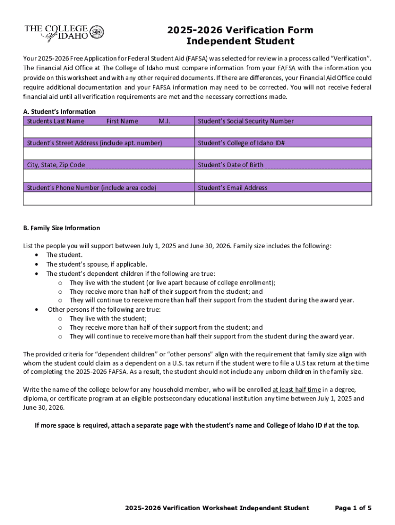 Fillable Online 2025-2026 Verification Worksheet Independent Student Fax Email Print - pdfFiller