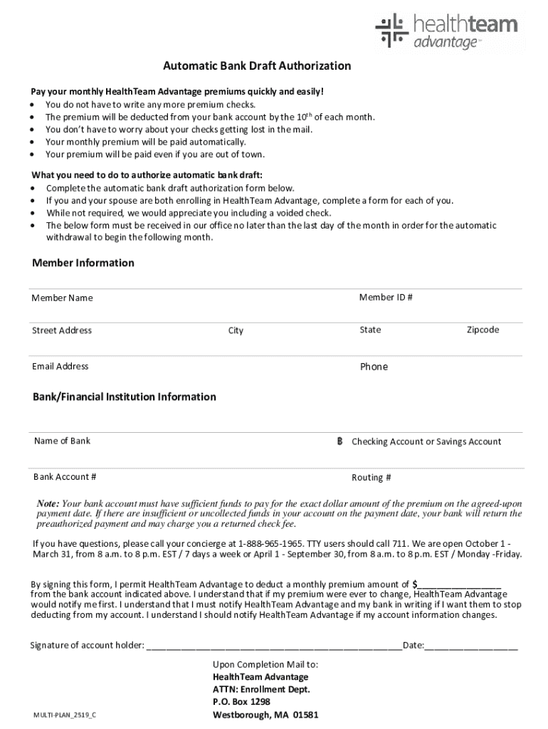 Fillable Online Automatic Bank Draft Authorization for Healthteam Advantage Premiums Fax Email ...