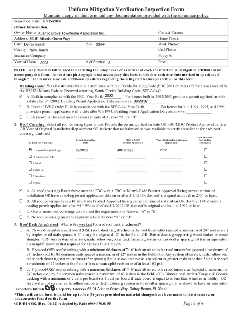 Fillable Online Uniform Mitigation Verification Inspection Form Fax ...