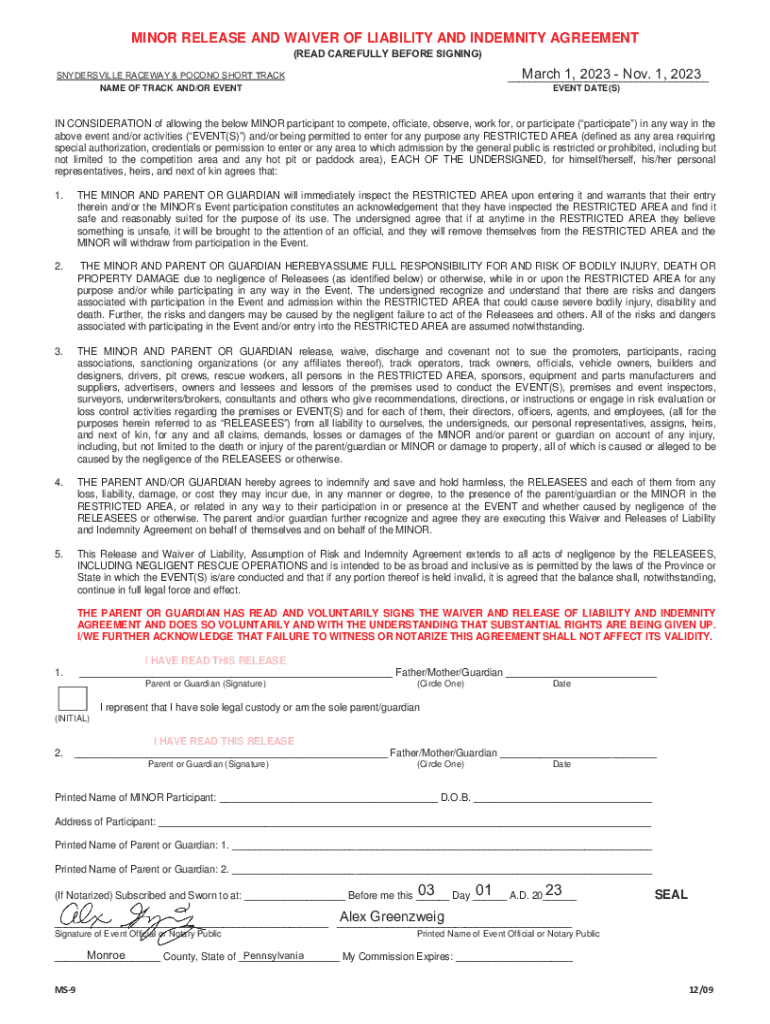 Fillable Online Minor Release and Waiver of Liability and Indemnity ...