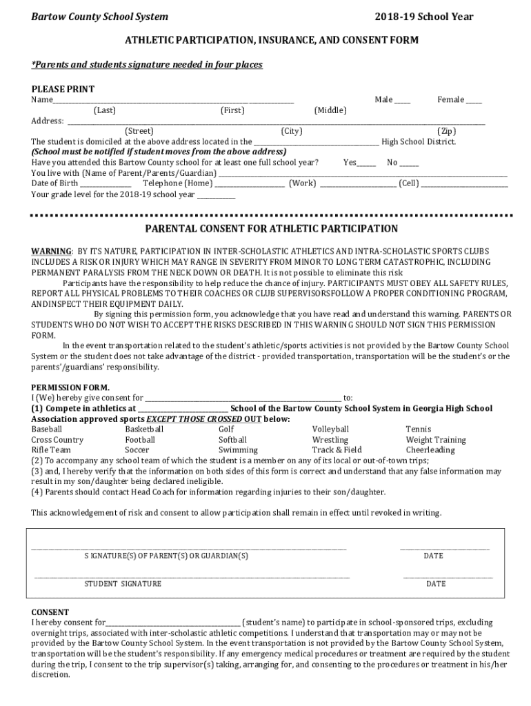 Fillable Online Bartow County School System 2018-19 Athletic ...