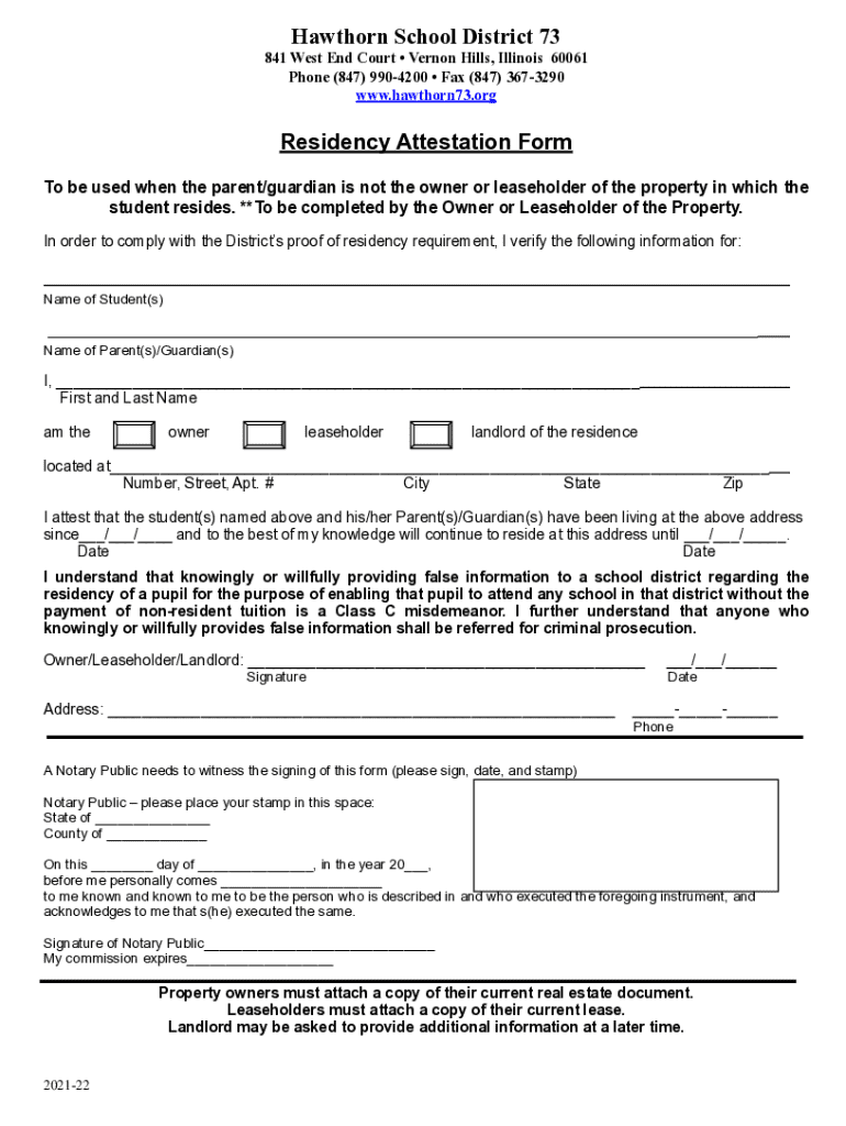 Fillable Online Hawthorn School District 73 Residency Attestation Form ...