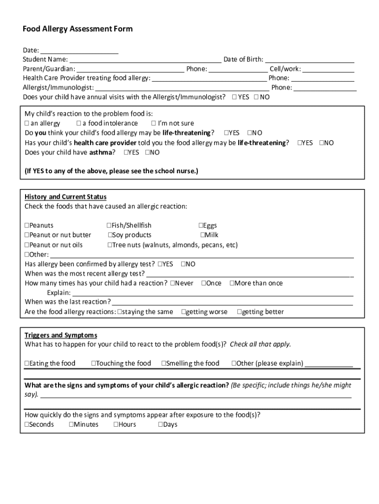Fillable Online Food Allergy Assessment Form Fax Email Print - pdfFiller