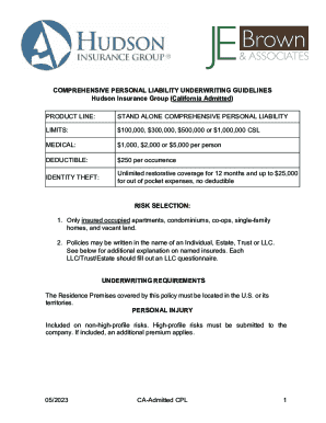 Fillable Online Comprehensive Personal Liability Underwriting ...