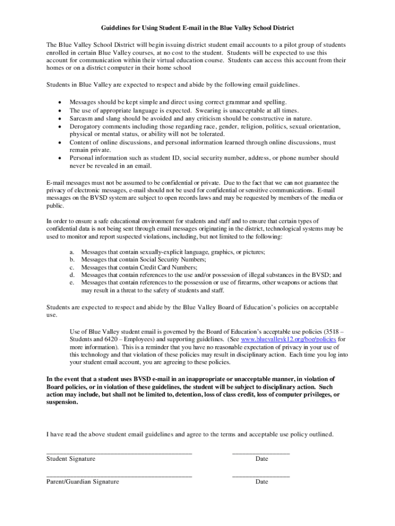Fillable Online Guidelines for Using Student E-mail in the Blue Valley School District Fax Email ...
