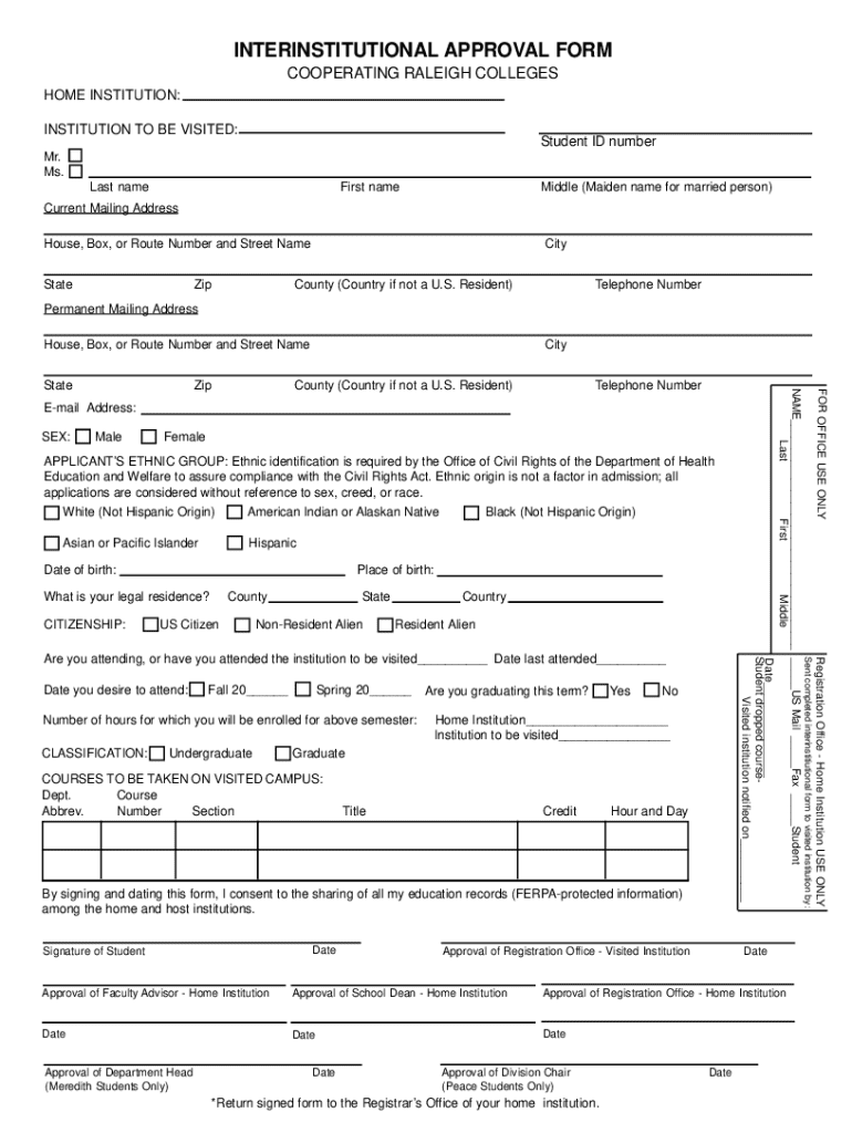 Fillable Online Interinstitutional Approval Form for Cooperating Raleigh Colleges Fax Email ...