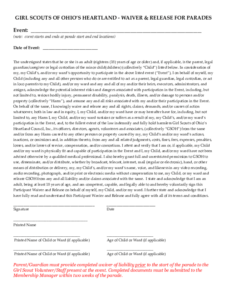 Fillable Online Girl Scouts of Ohio’s Heartland - Waiver & Release Fax ...